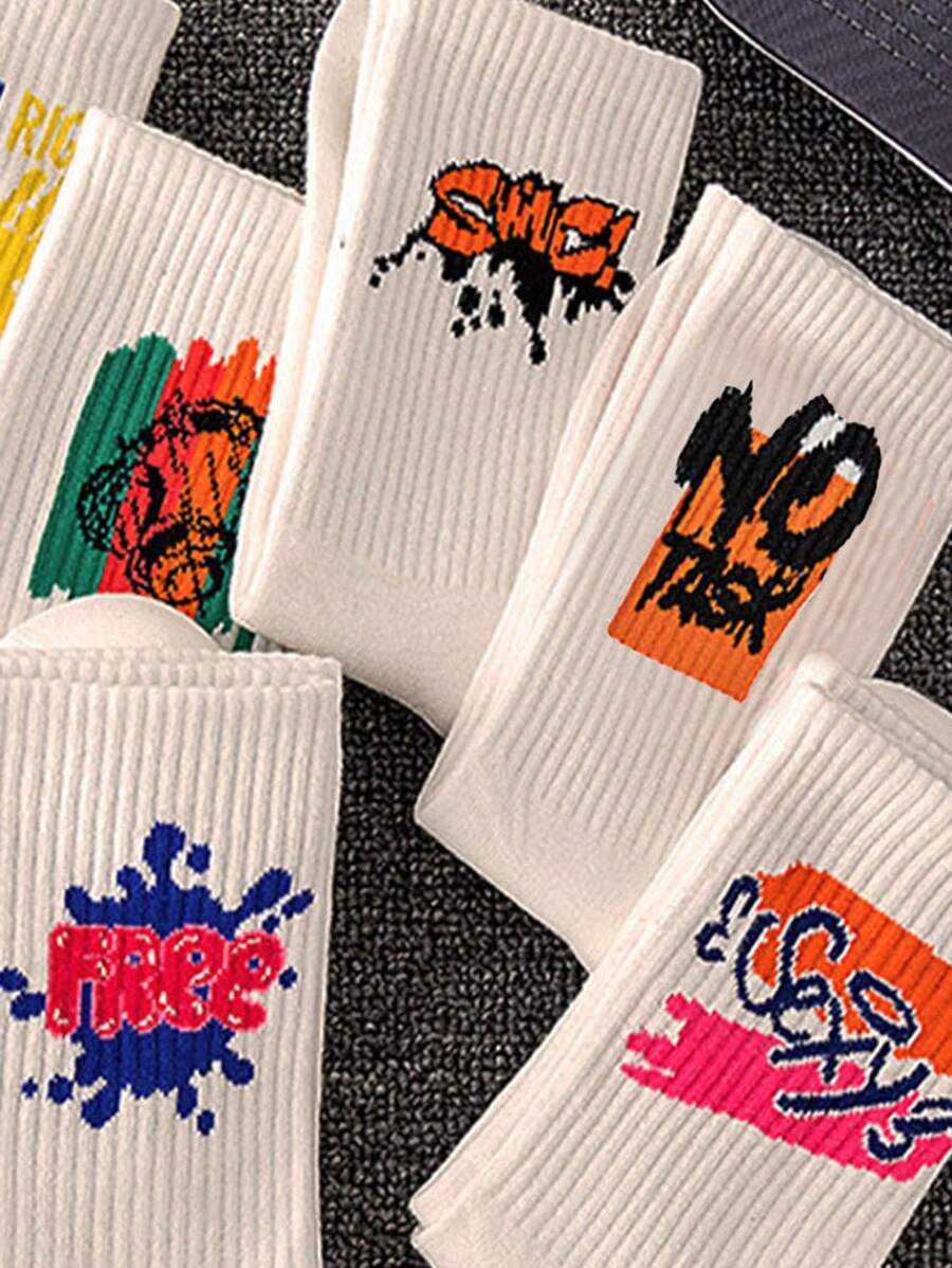 10 Pairs Random Style Black & White Unisex Trendy Graffiti Design Mid ...