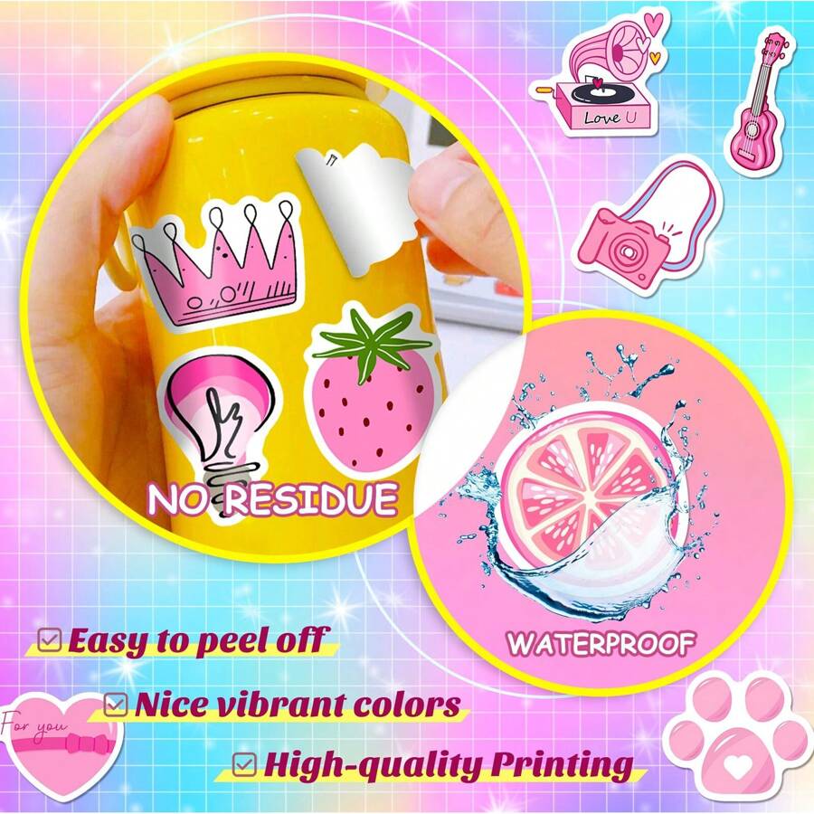 100pcs Pink Mixed Style Stickers, 4cm Colorful Mixed Pink Girl Style ...