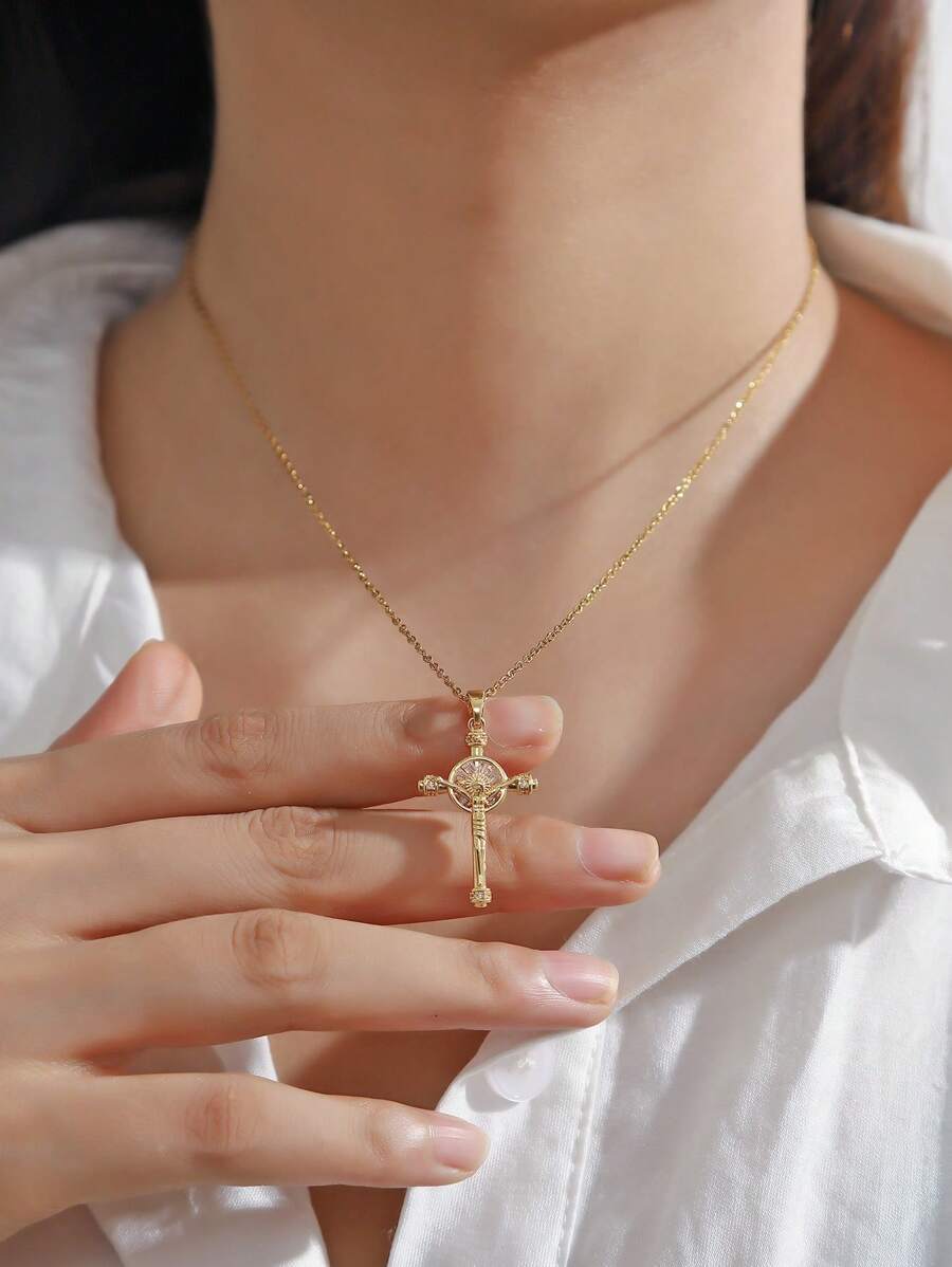 Cross Shaped Cubic Zirconia Inlaid Pendant Necklace | SHEIN USA