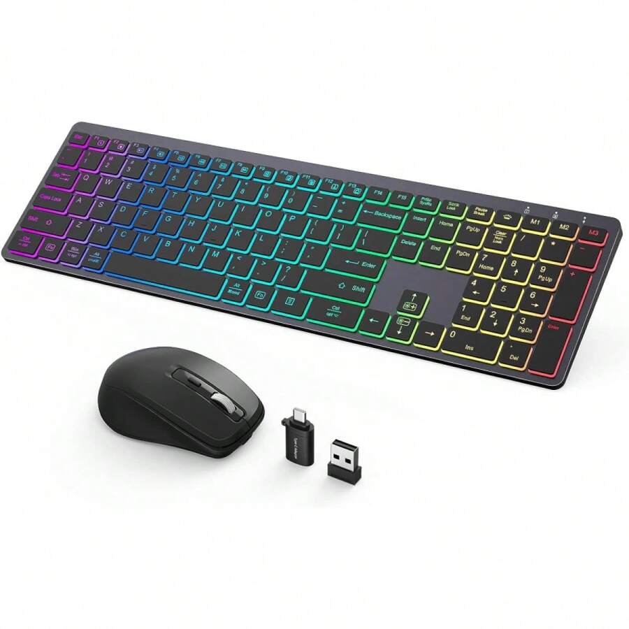 CHESONA Wireless Keyboard and Mouse, 3 Unique Modes of Rainbow Backlit ...