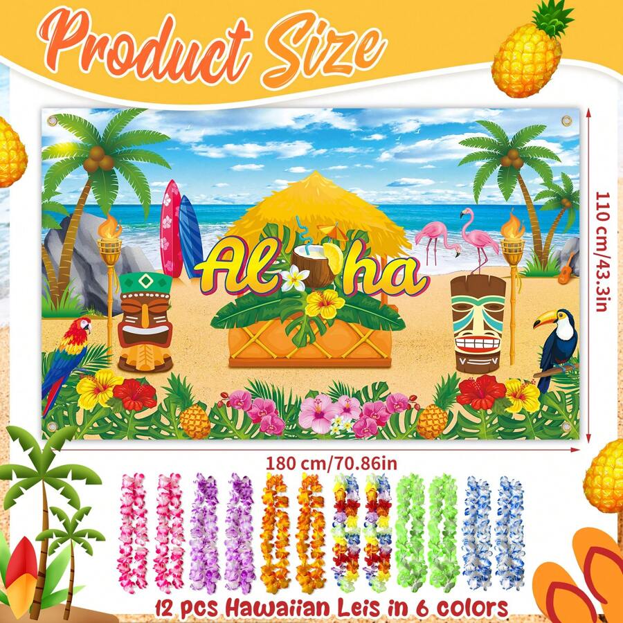 Hawaiian Aloha Party Decoration Backdrop with 12 Pcs Leis for Tropical ...
