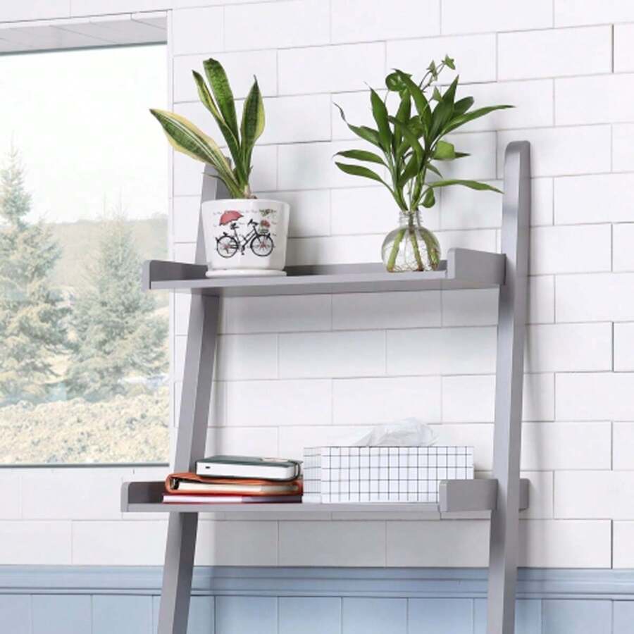 5-Tier Ladder Bookcase, Wooden Freestanding Ladder Shelves, Space ...