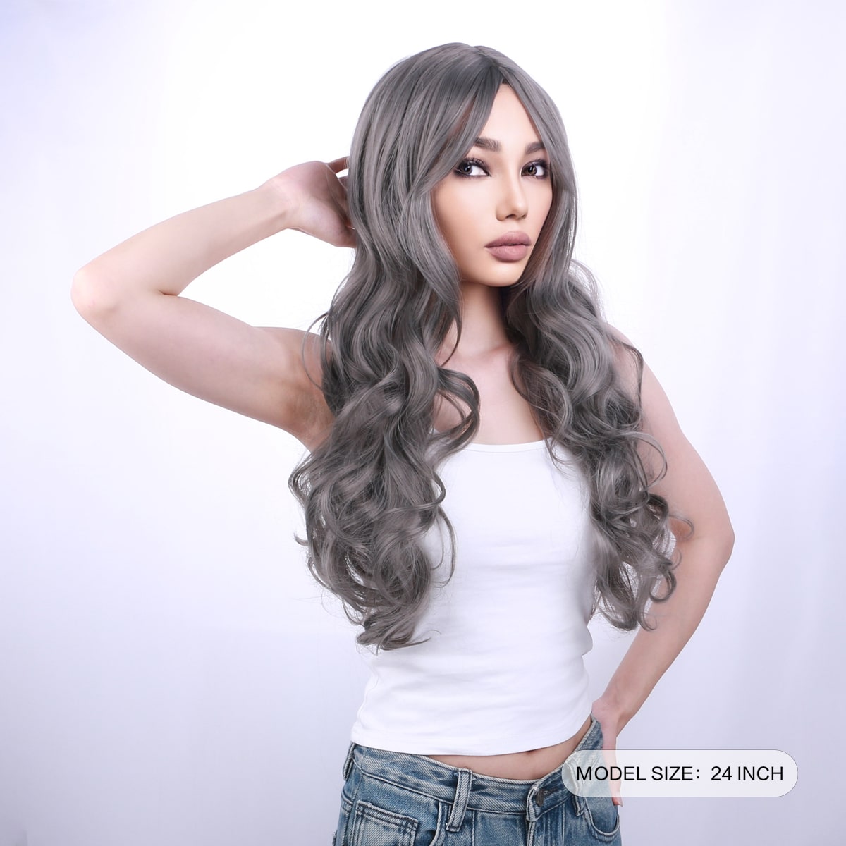 24 Inch Curly Milk Grey Long Wave Synthetic Wig With Bangs for Women ...
