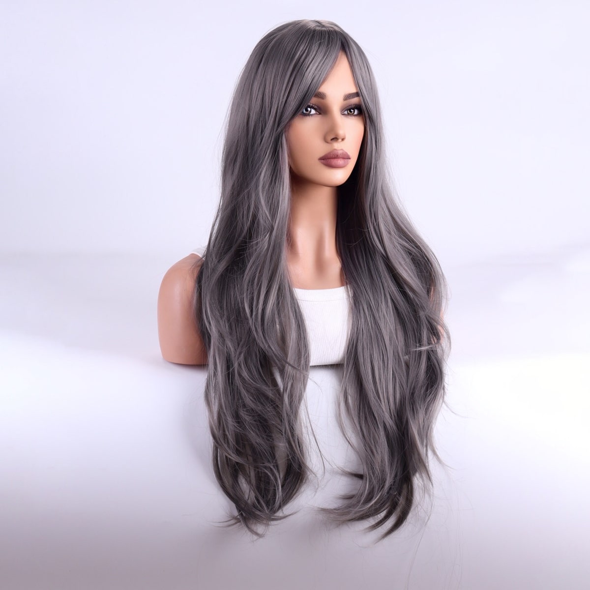 24 Inch Curly Milk Grey Long Wave Synthetic Wig With Bangs for Women ...