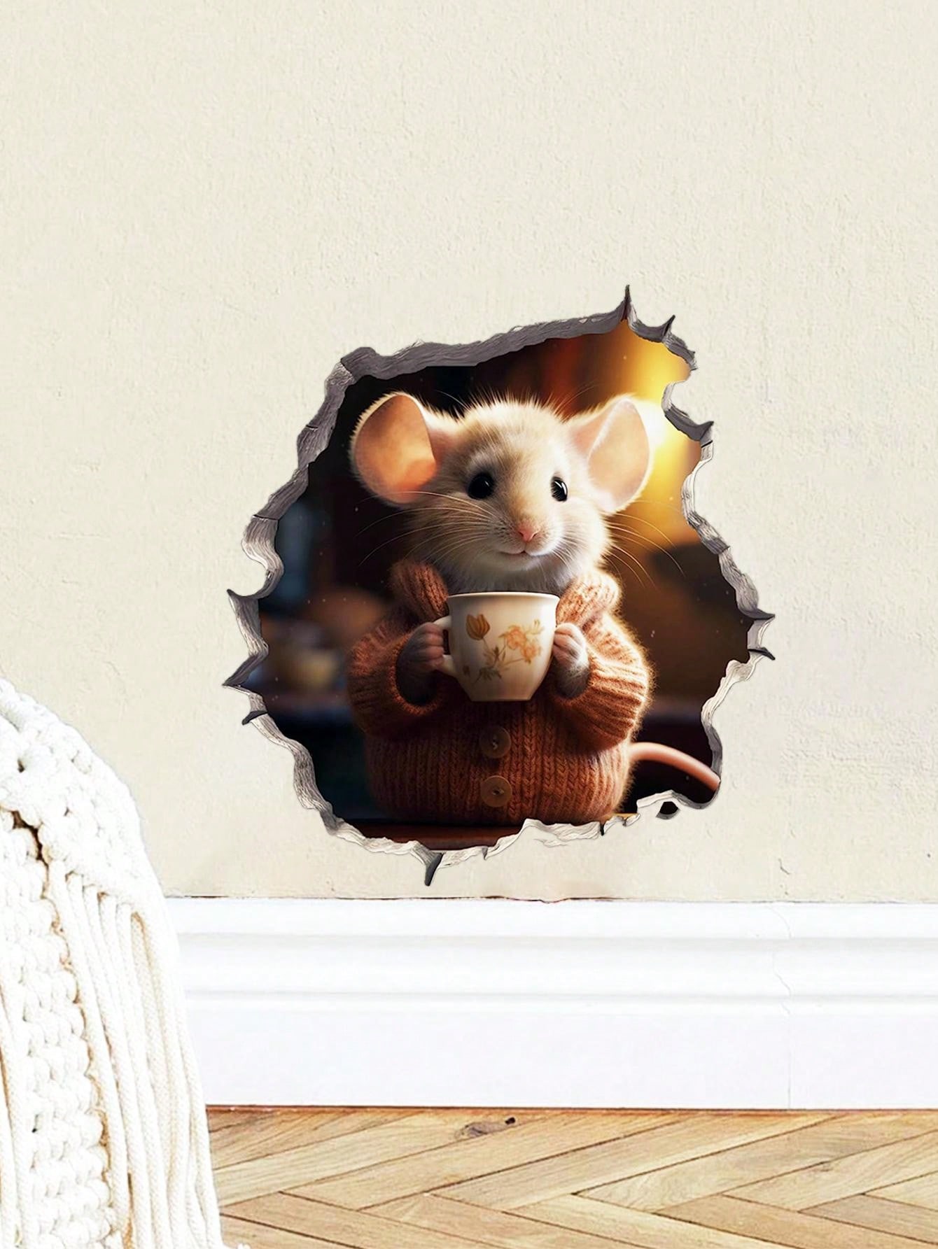 1pc Cute 3d Mouse Hole Wall Sticker With Mouse Sticker, Fun Home Wall ...