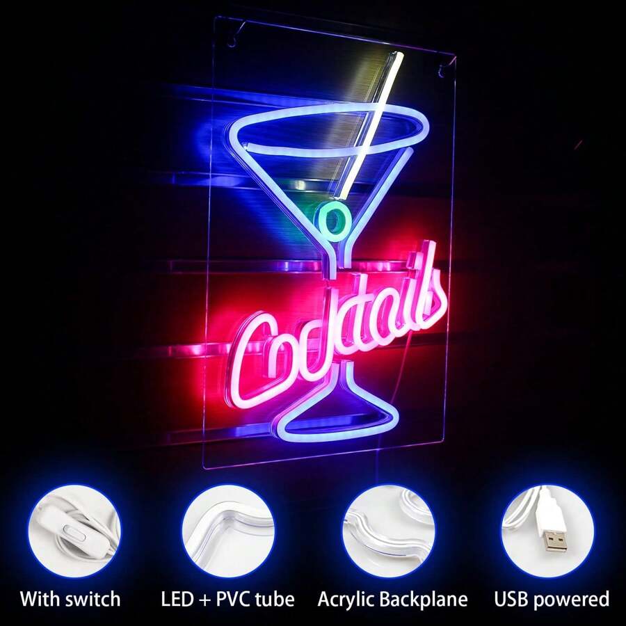 1pc Cocktails Neon Sign Cocktail Glass Shaped Neon Light Martini Neon ...