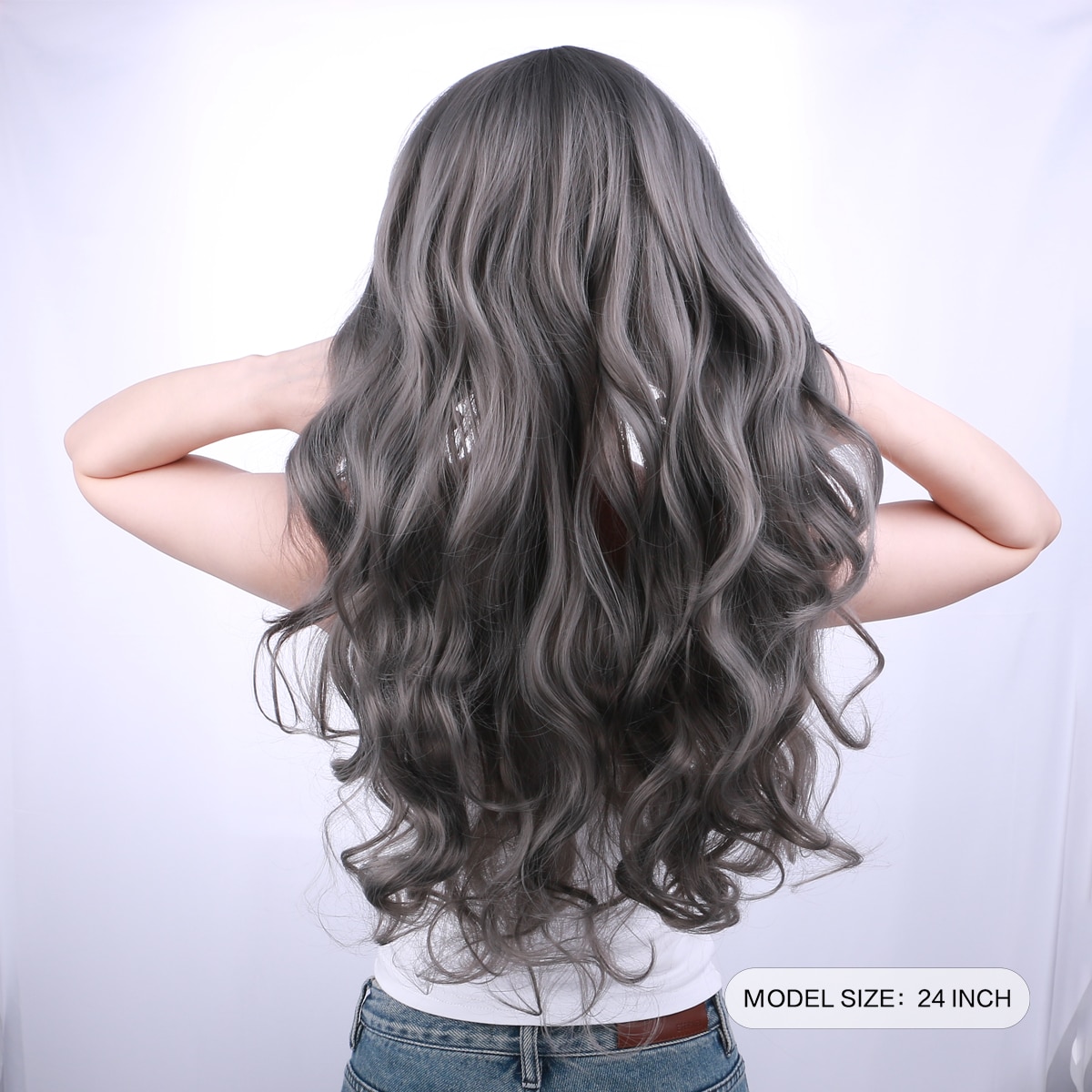 24 Inch Curly Milk Grey Long Wave Synthetic Wig With Bangs for Women ...