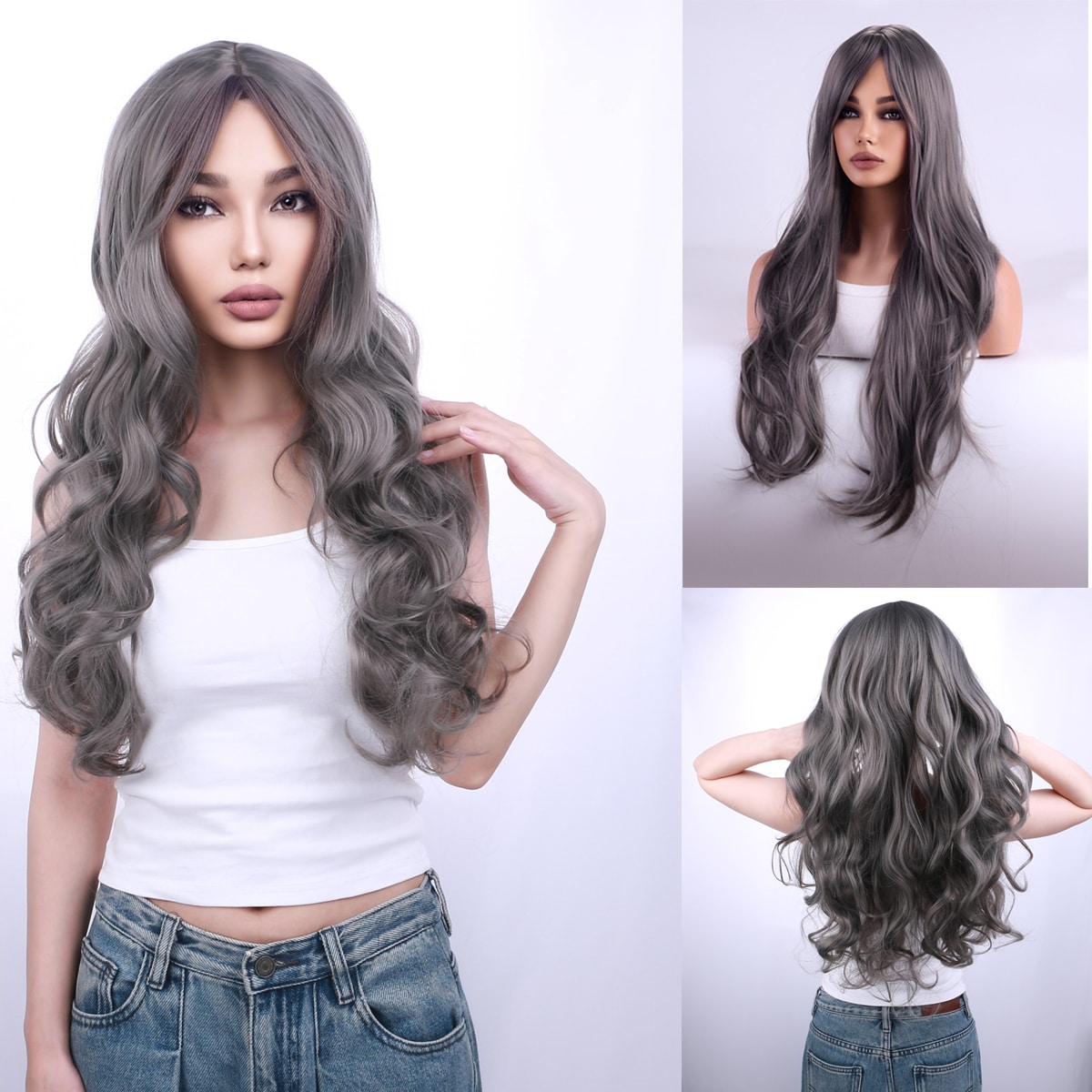 24 Inch Curly Milk Grey Long Wave Synthetic Wig With Bangs for Women ...