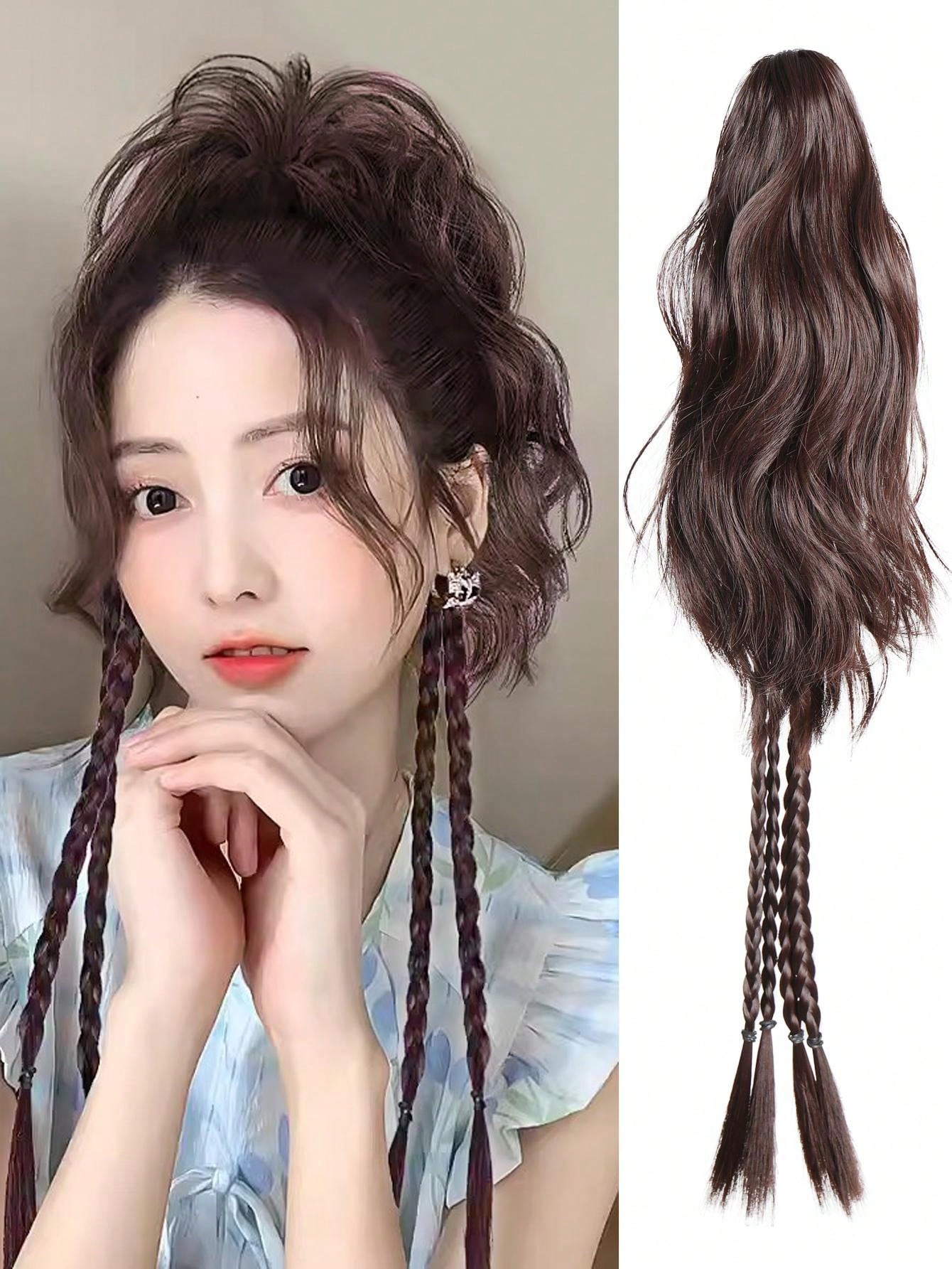 High ponytail wig girl's long curly hair with braids claw hairpieces ...