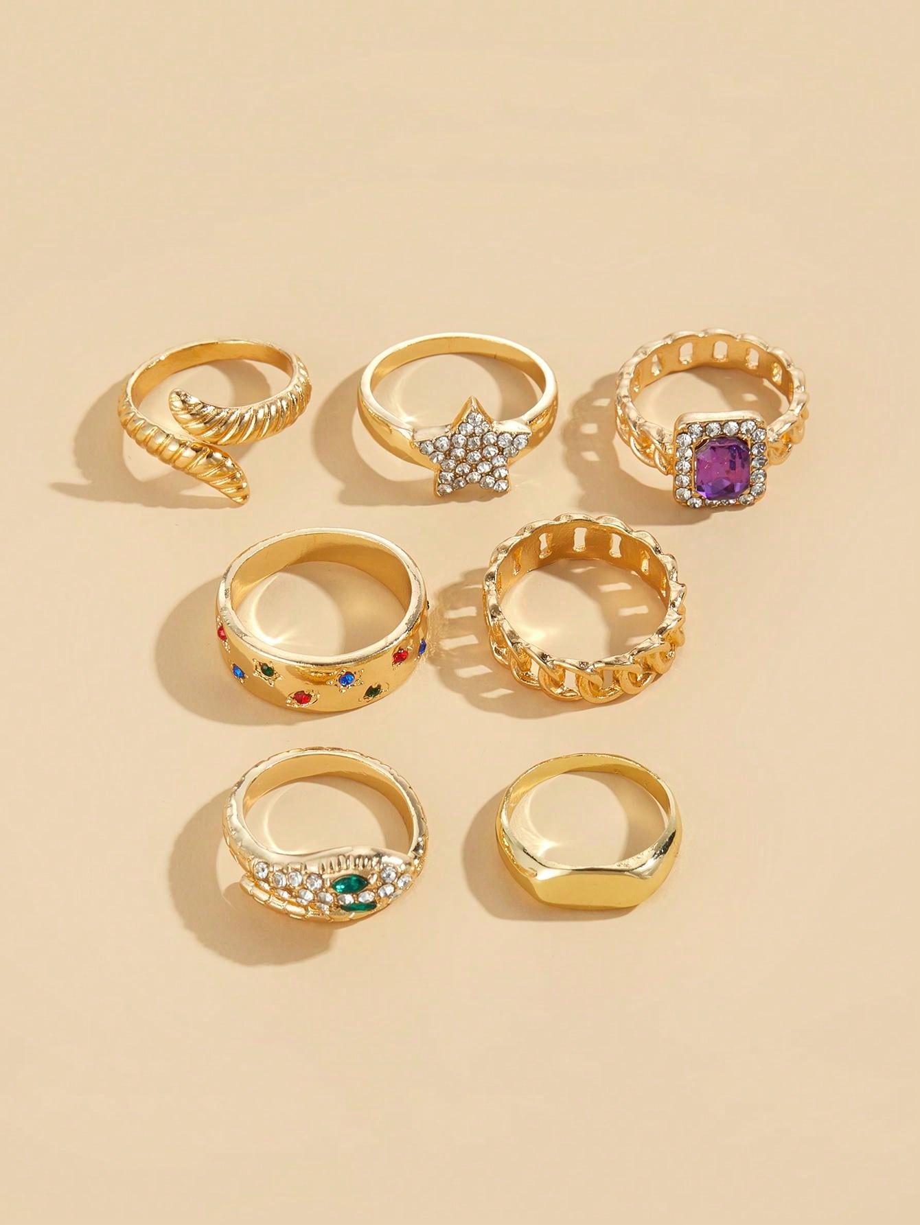 7pcs Rhinestone Star & Snake Decor Ring | SHEIN UK