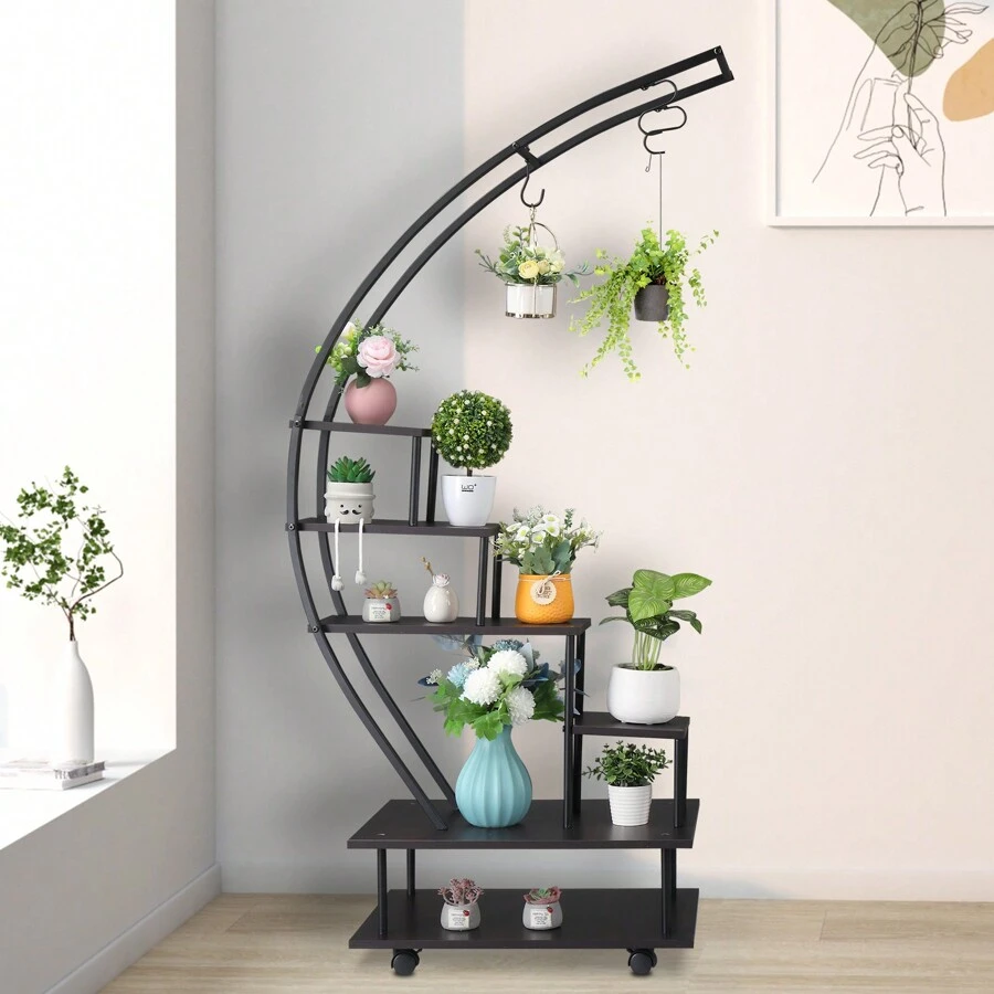 6-Tier Tall Plant Stand with Wheels Indoor, Creative Half Moon Shape ...