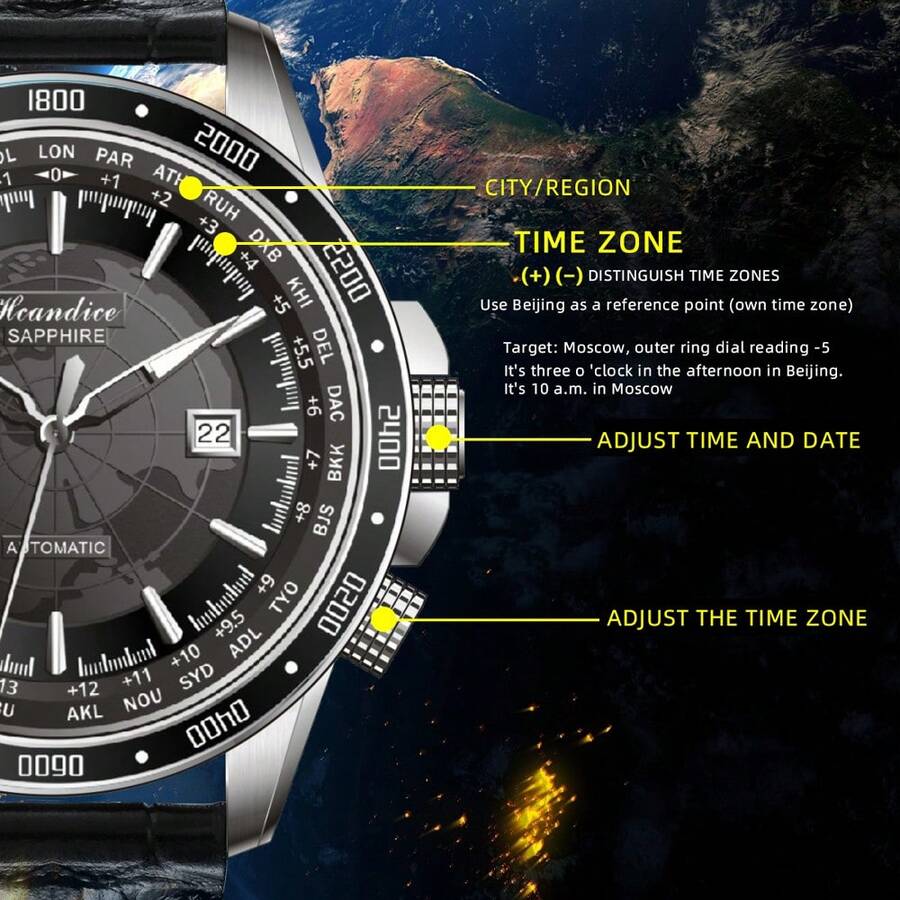 GMT Automatic Mechanical Movement World Map Man Watch 3D Relief Big ...