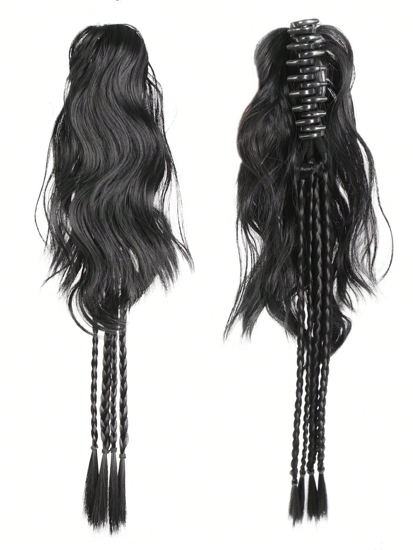 Black high ponytail wig girl's long curly hair with braids claw ...