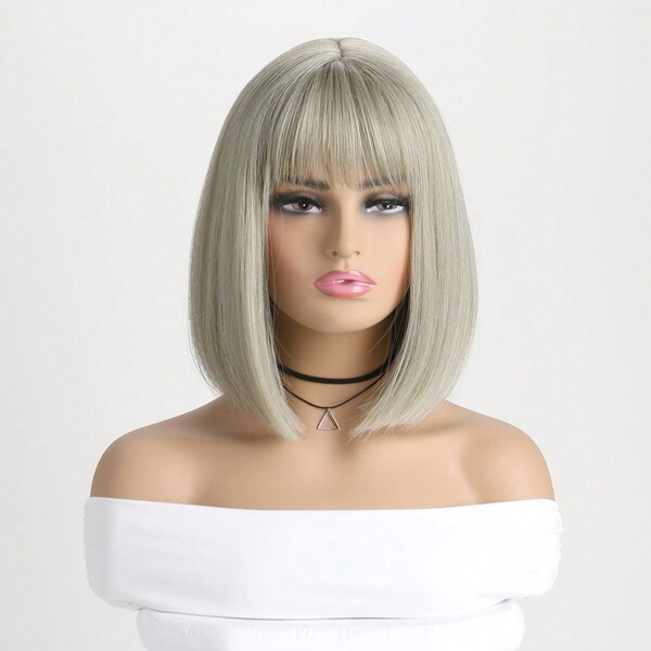 12-inch Natural Air Bangs Bob Hairstyle For Women, Synthetic Fiber ...