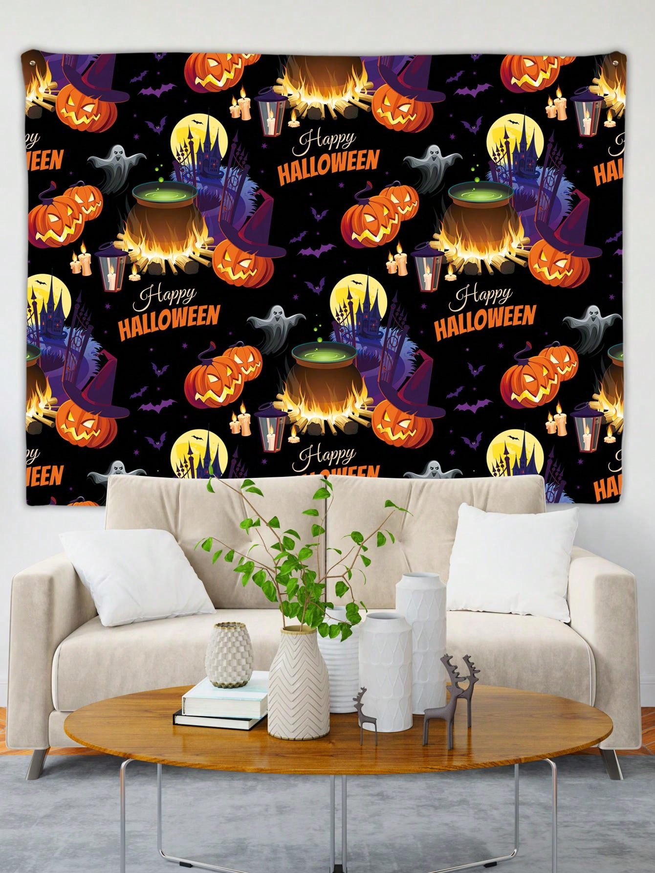 Halloween Horror Skull, Ghost, Pumpkin, Moon, Haunted House, Tapestry ...