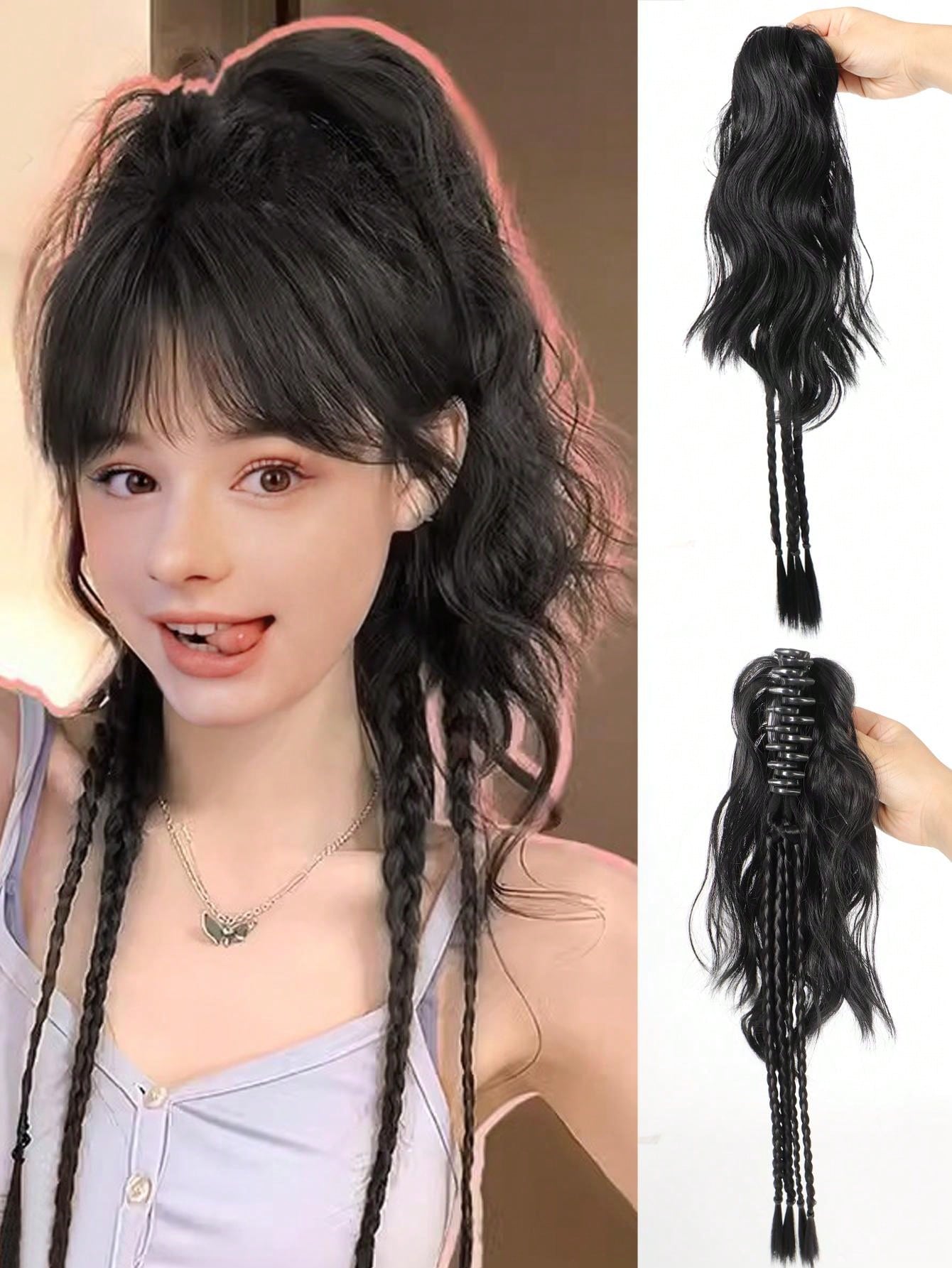 Black high ponytail wig girl's long curly hair with braids claw ...