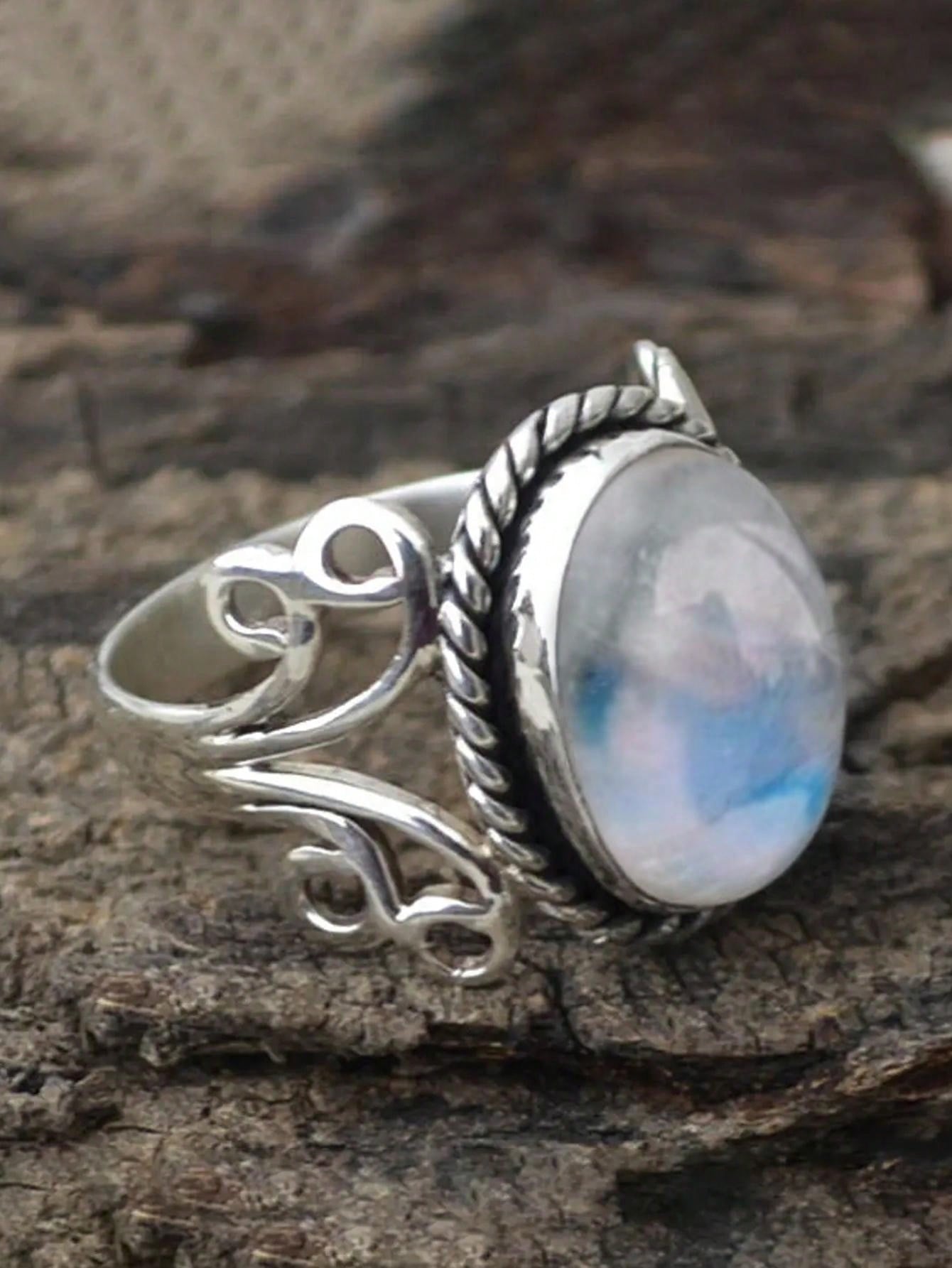 1 PC Retro Style Faux Moonstone Ring For Women For Valentine's Day Gift ...