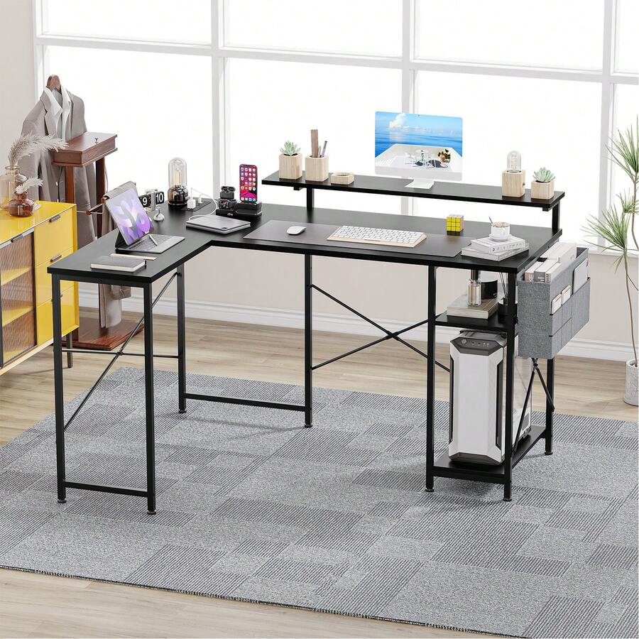 L shaped Computer Desk with LED Strip, Power Outlet and Storage Bags ...