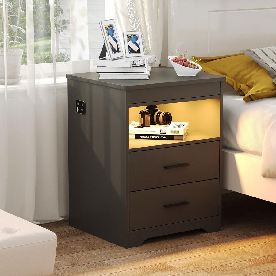 Kasibie Modern Nightstand Set with LED Light, Auto-Sensor Bedside Table ...
