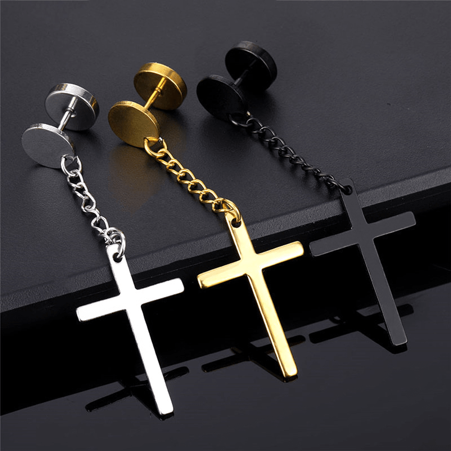 3pcs Gothic Style Stainless Steel Cross Dangle Earrings For Mens Daily