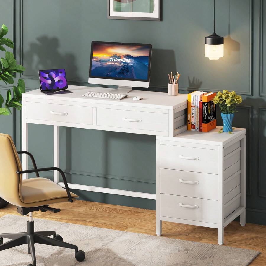 Tribesigns Computer Desk With 5 Drawers, Home Office Writing Desk With ...