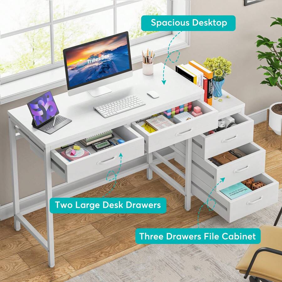 Tribesigns Computer Desk With 5 Drawers, Home Office Writing Desk With ...