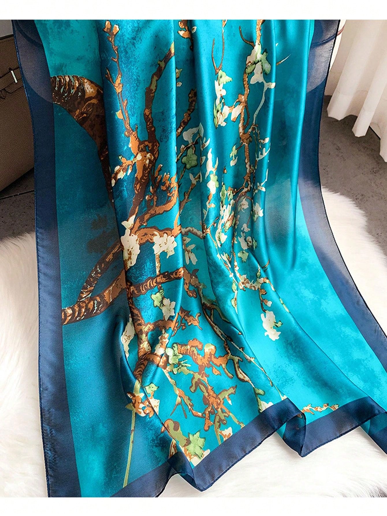 1pc Women's Printed Silk Scarf, New Design Large Shawl Scarf For Autumn ...