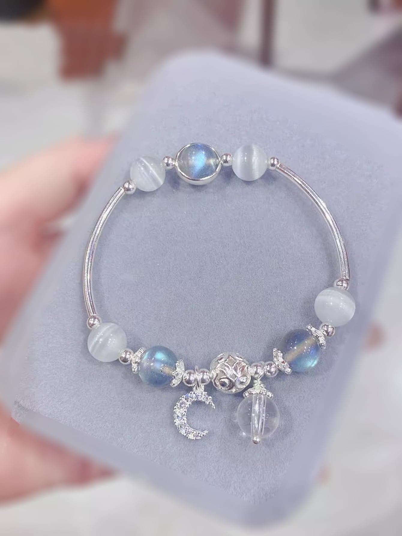 1pc Ins Style Moon Shaped Grey & White Cat Eye Beaded Bracelet ...