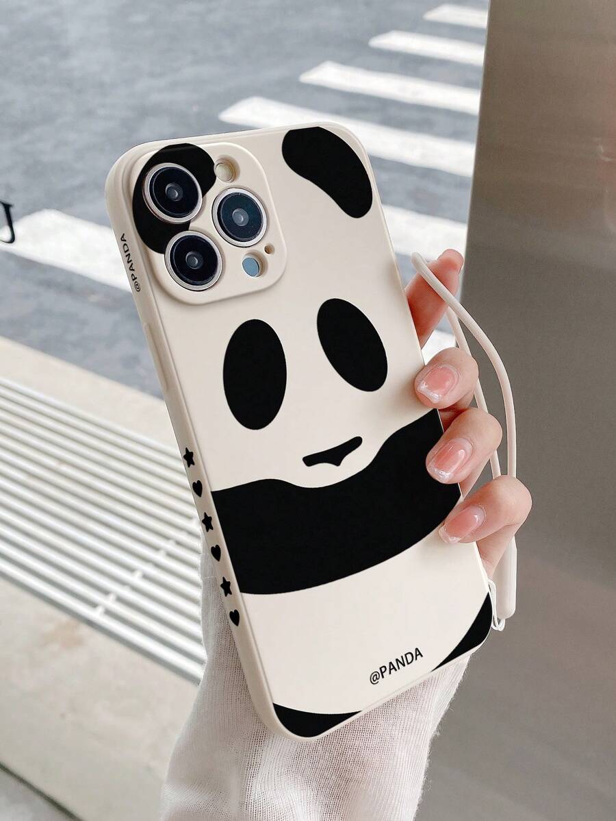 Cute Stuff 1pc White Tpu Panda Design Mobile Phone Case, With Hand Rope, Compatible With Apple ...
