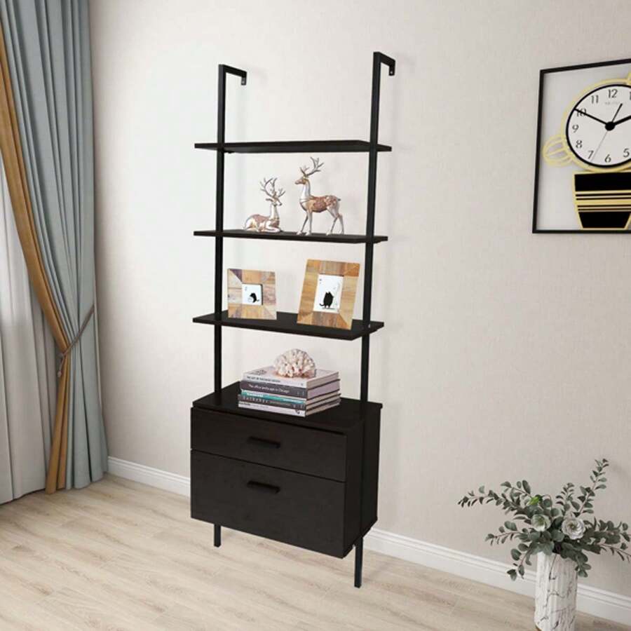 Industrial Bookshelf With Wood Drawers, 5-Tier Ladder Shelf Wall ...