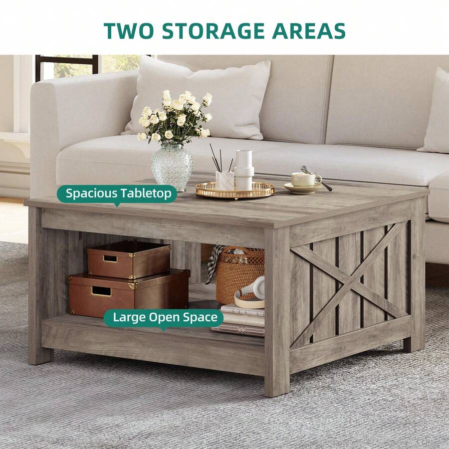 Rustic Square Coffee Table W/ Storage Shelf Farmhouse Cocktail Table ...