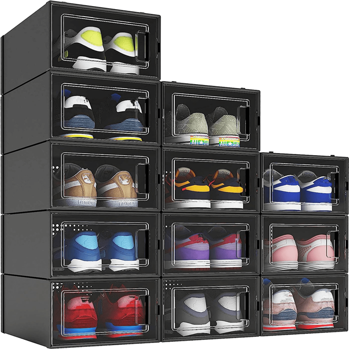 12 Pack Shoe Organizer Boxes, Black Plastic Stackable Shoe Storage Bins ...