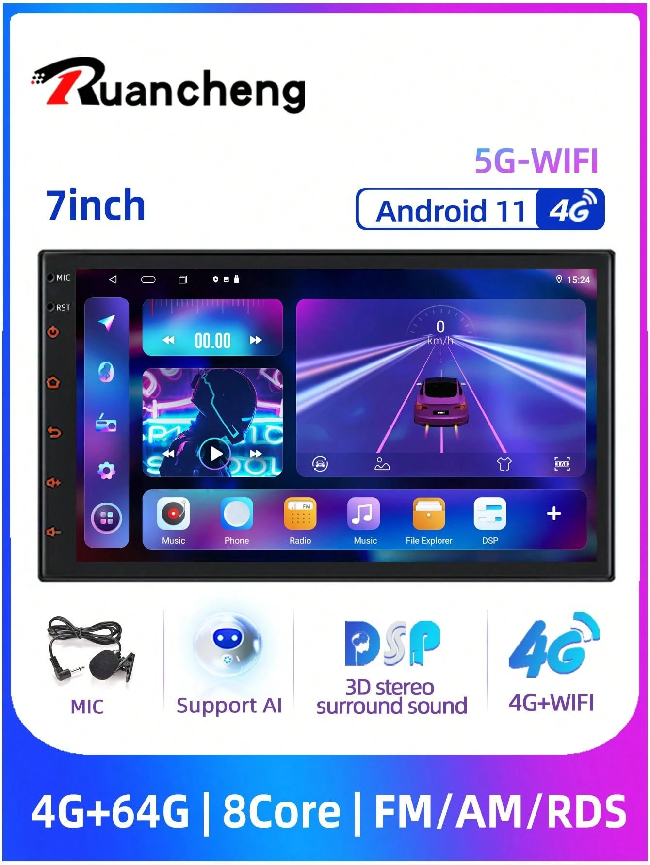 Radio Stéréo Pour Voiture Gps Android 11 8 cœurs 4+64g 7'' 2 Din Qled Screen Gps Bt Dsp ...