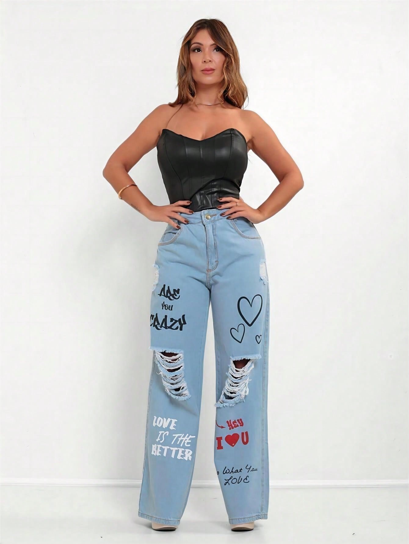 Moda feminina Calça jeans feminina de cintura alta estilo coreano ...