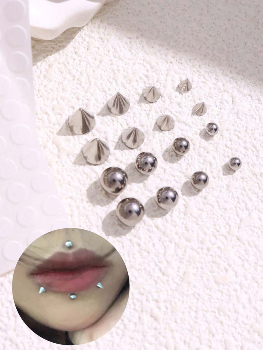 1set 16pcs Stainless Steel Geometric Ball Fake Piercing Stud Set Fake ...