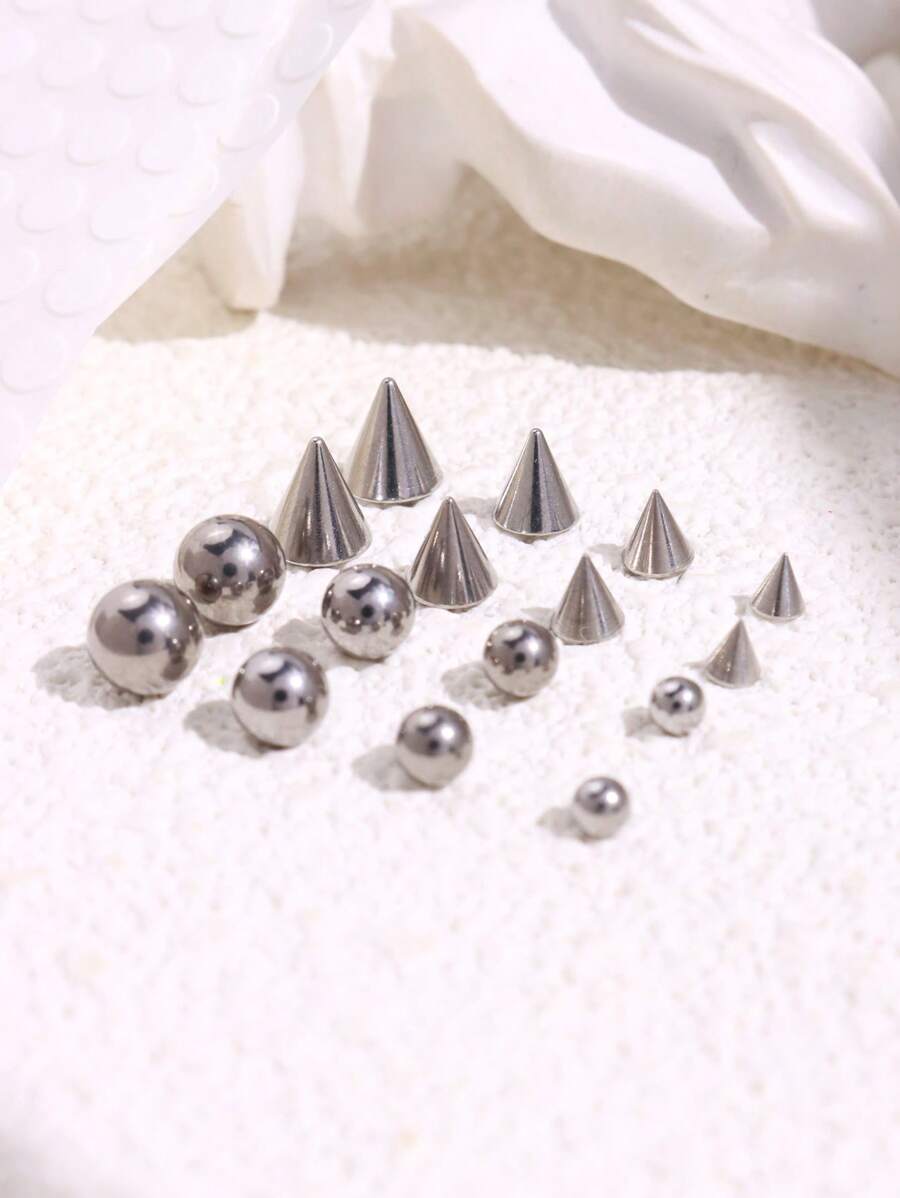 1set 16pcs Stainless Steel Geometric Ball Fake Piercing Stud Set Fake ...