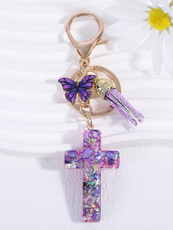1pc Women's Sparkling Crystal & Epoxy Drop Charm Keychain With Cross ...