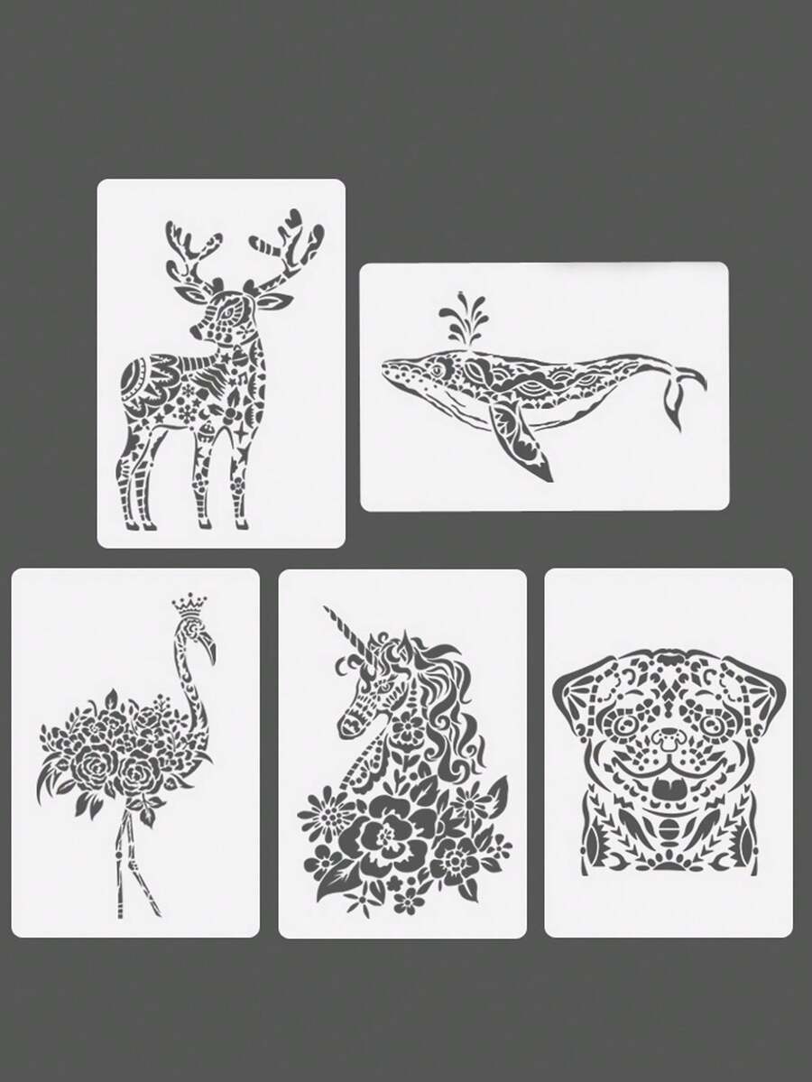 5 Sheets Drawing Stencil Template With Creative Animal Theme, Lace ...