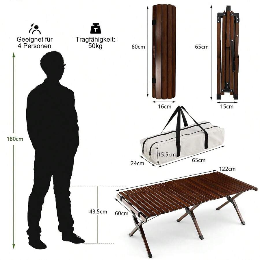Folding Wooden Camping Table, Portable Picnic Table With Carry Bag ...