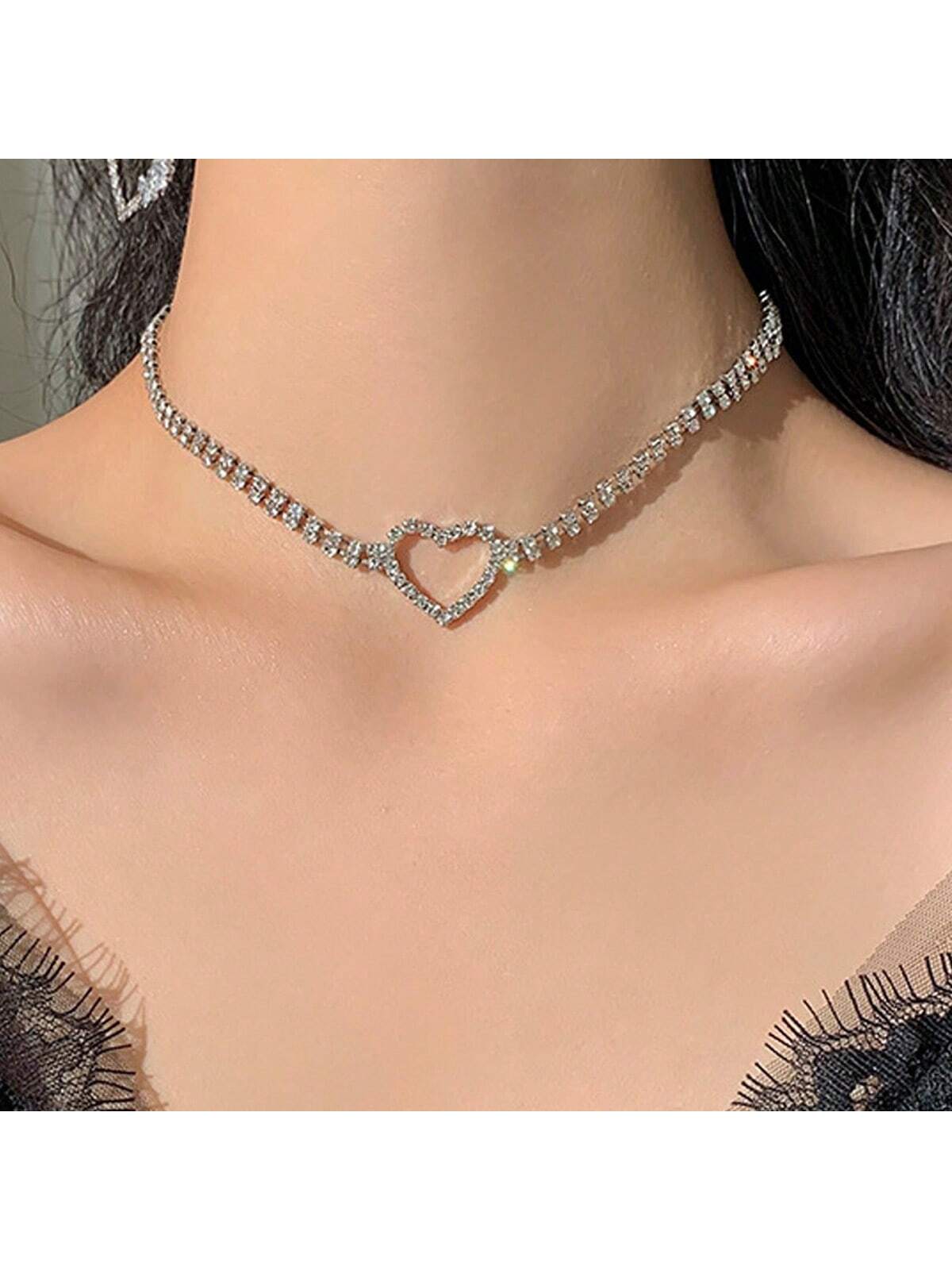 Fashionable Full Diamond Heart Pendant Necklace, Versatile Short ...