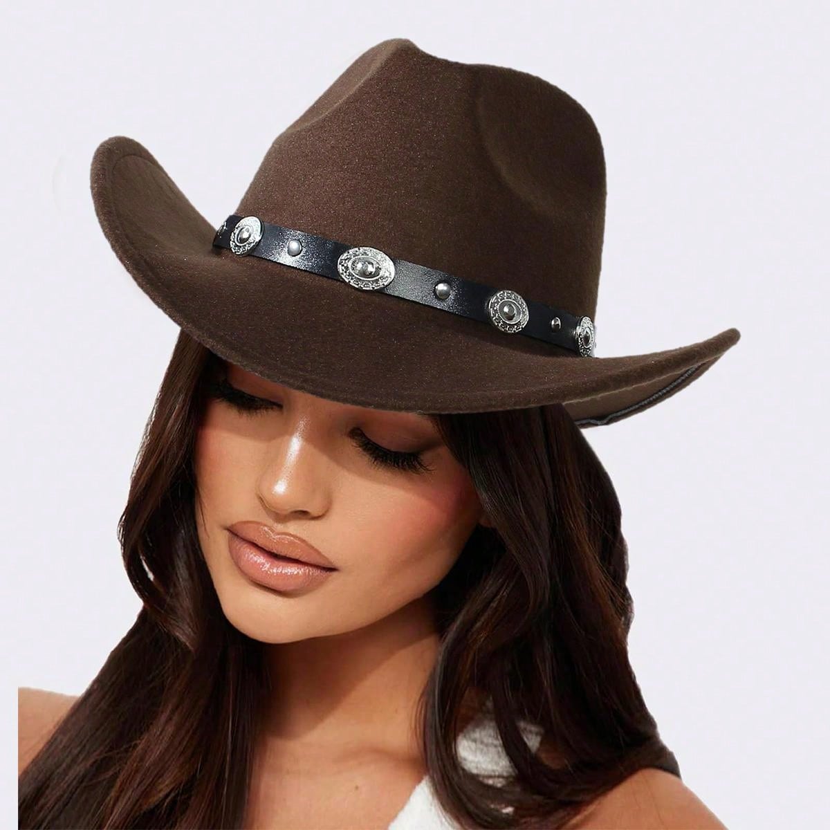 1pc Women's Khaki Faux Wool Felt Western Cowboy Vintage Hat With Metal ...