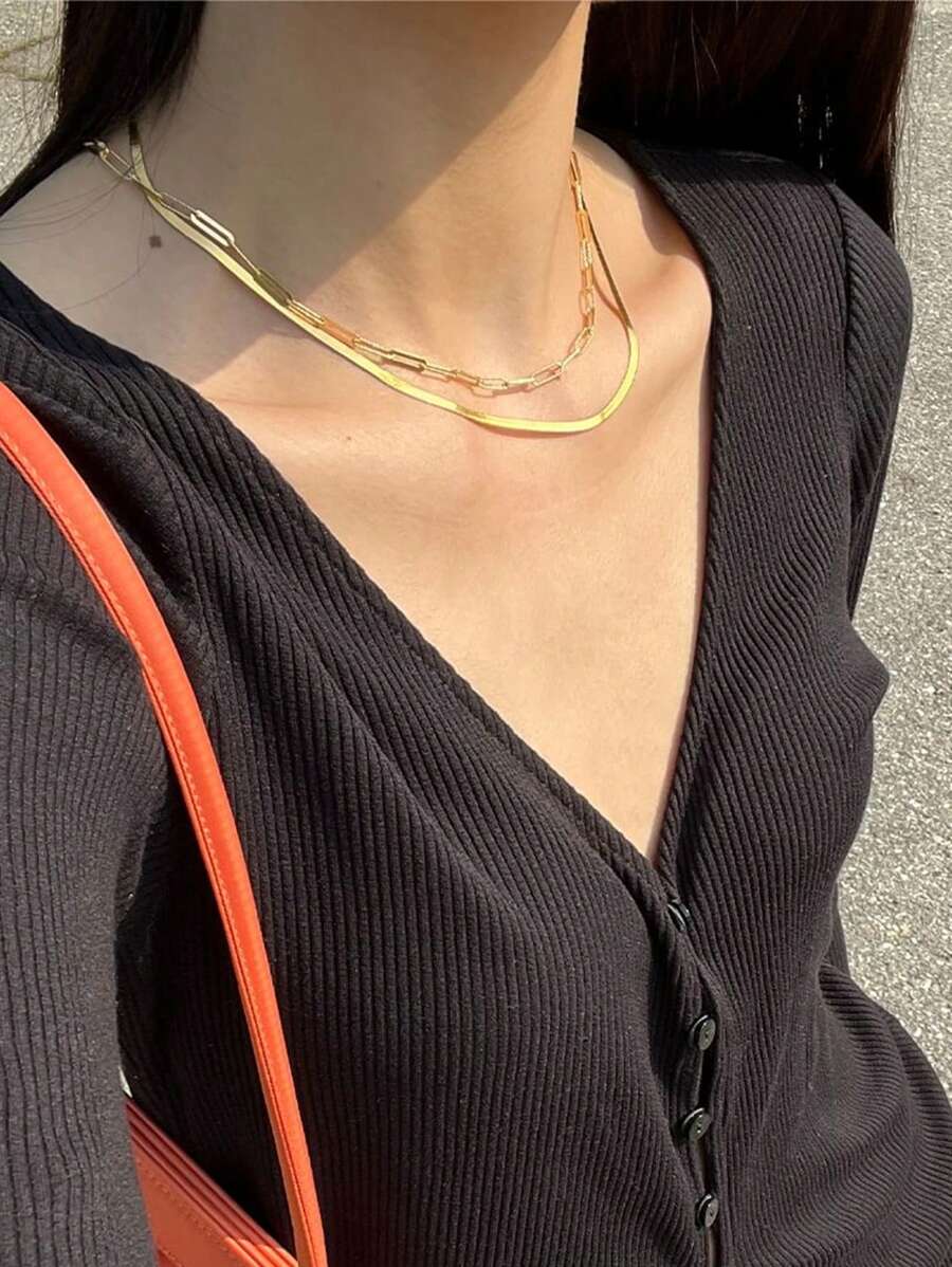 1pc Dainty Thin Gold Color Herringbone Necklace, Simple Stainless Steel ...