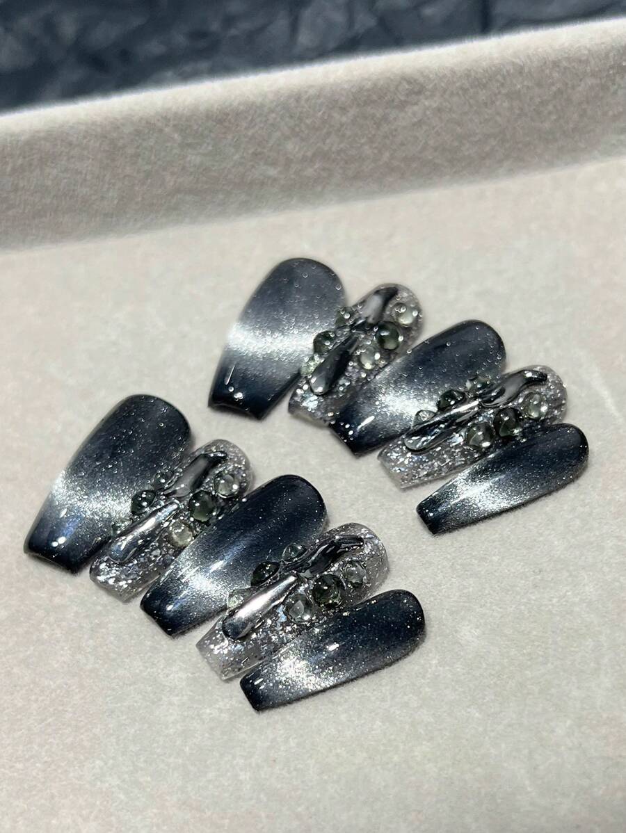 10pcs/set Extra-long Coffin Nails Gradient Black Cat Eye Rhinestone ...