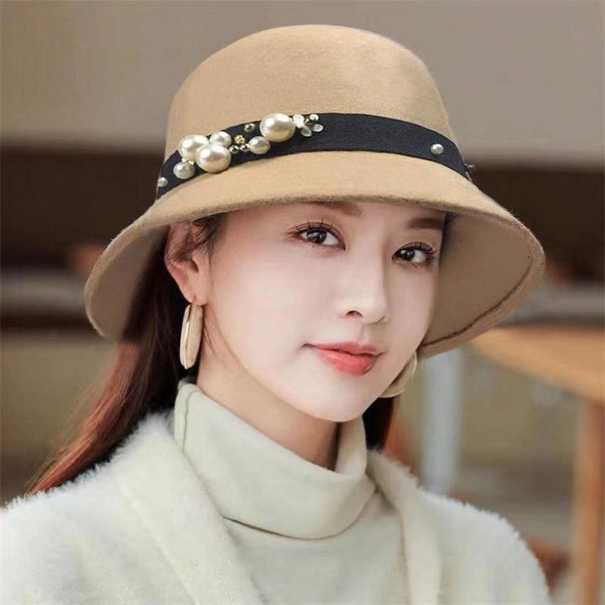 1pc Women British fashion all-match pearly wool felt hat with large ...