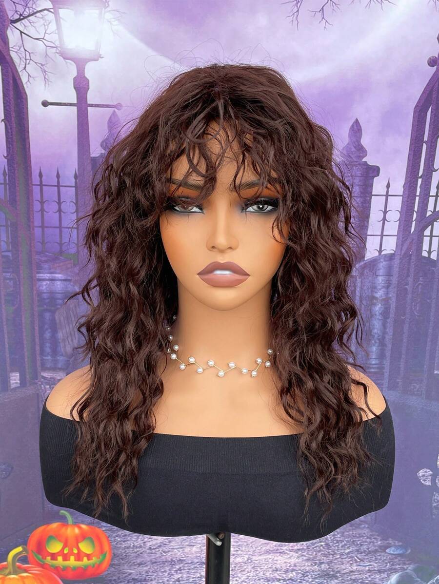 Brown wig with bangs, Natural Messy Medium Length Curly Hair, Synthetic ...