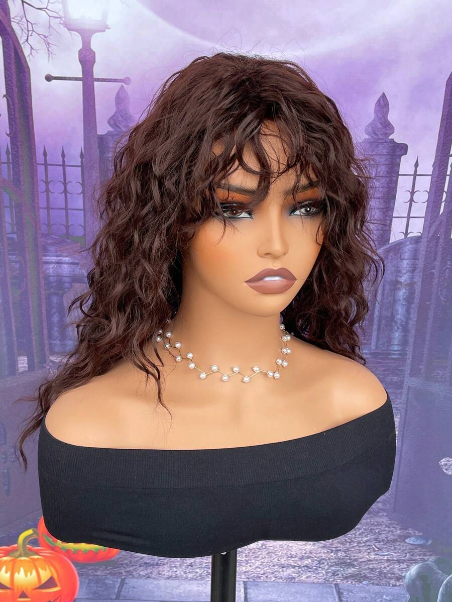 Brown wig with bangs, Natural Messy Medium Length Curly Hair, Synthetic ...