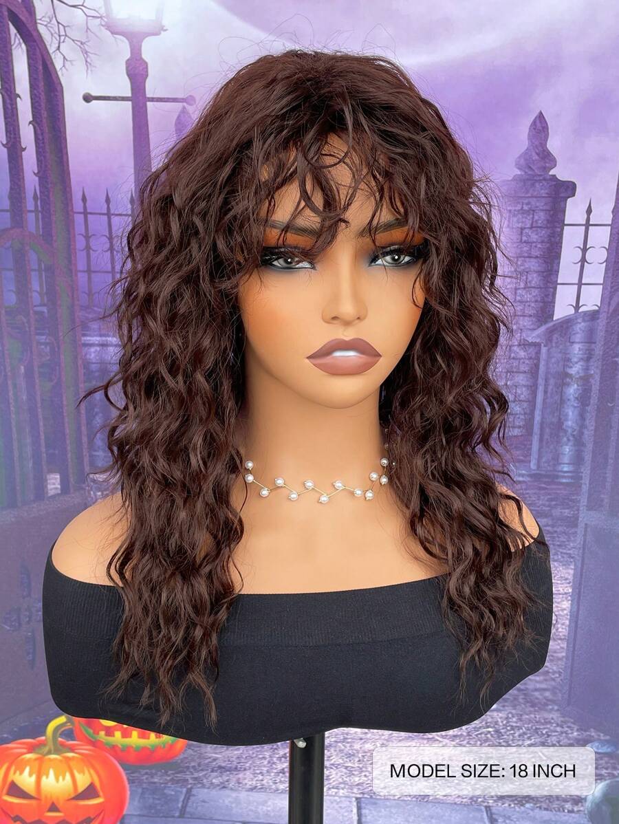 Brown wig with bangs, Natural Messy Medium Length Curly Hair, Synthetic ...