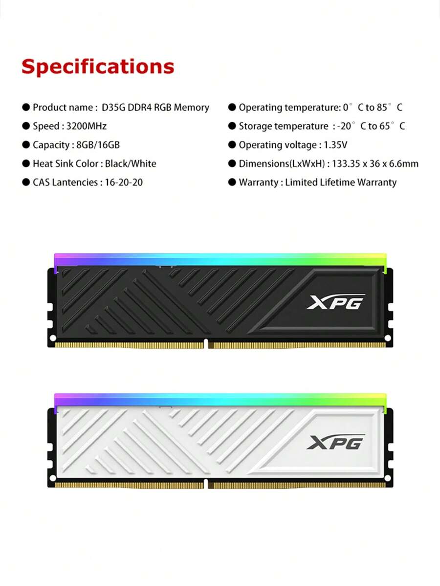 ADATA XPG SPECTRIX D35G DDR4 RGB WHITE Memory 3200MHz 3600MHz 8GB 16GB Single U-DIMM Heatsink ...