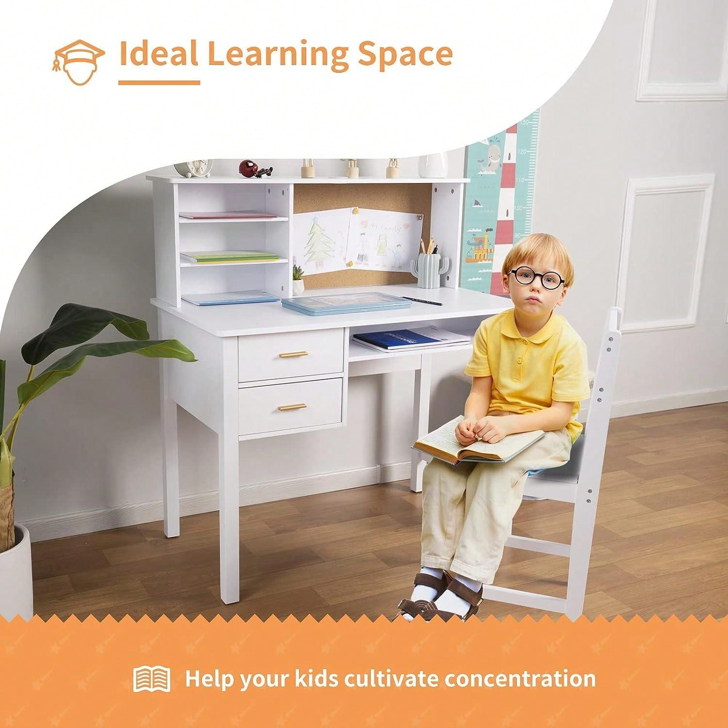 Kids Desk and Chair Set, Wooden Children Study Table with Hutch/Drawer ...