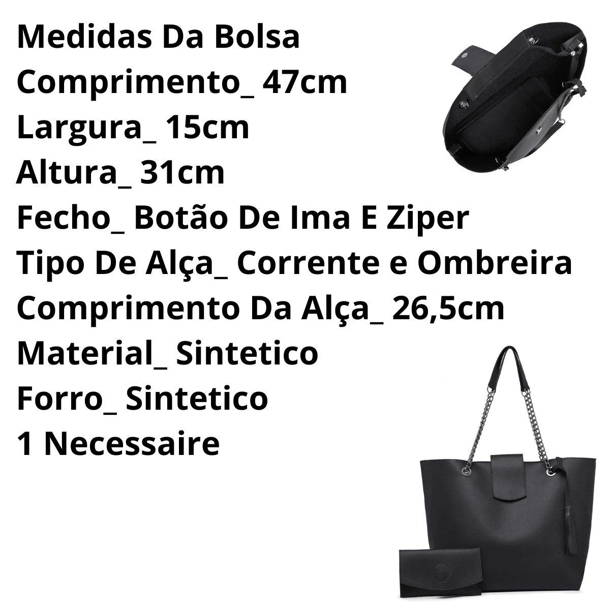 Bolsa Saco Sacola Grande Feminina Preta CM SHOES Alça Corrente E ...